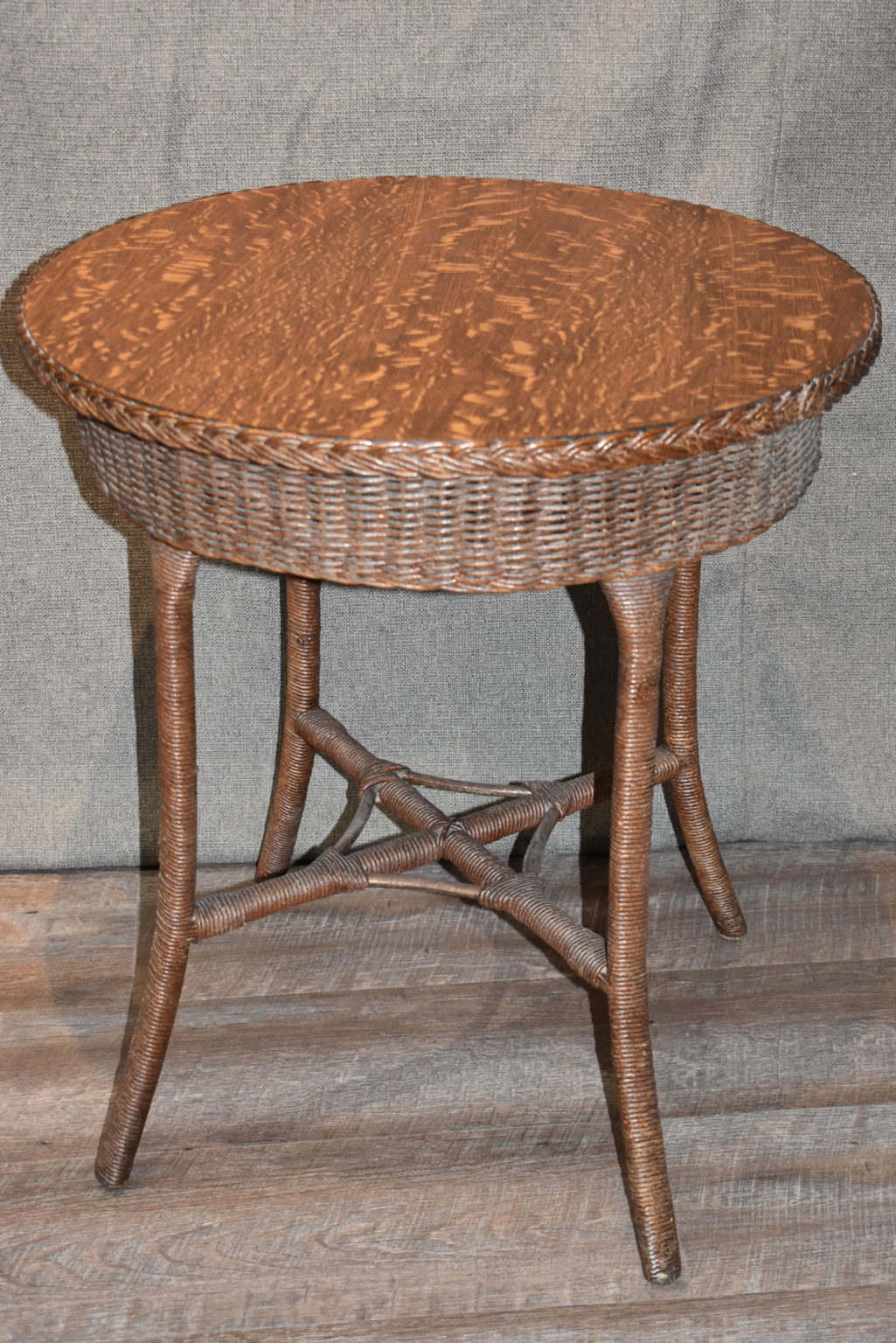 Quarter Sawn Oak Round Wicker Table | Memory Lane Antiques
